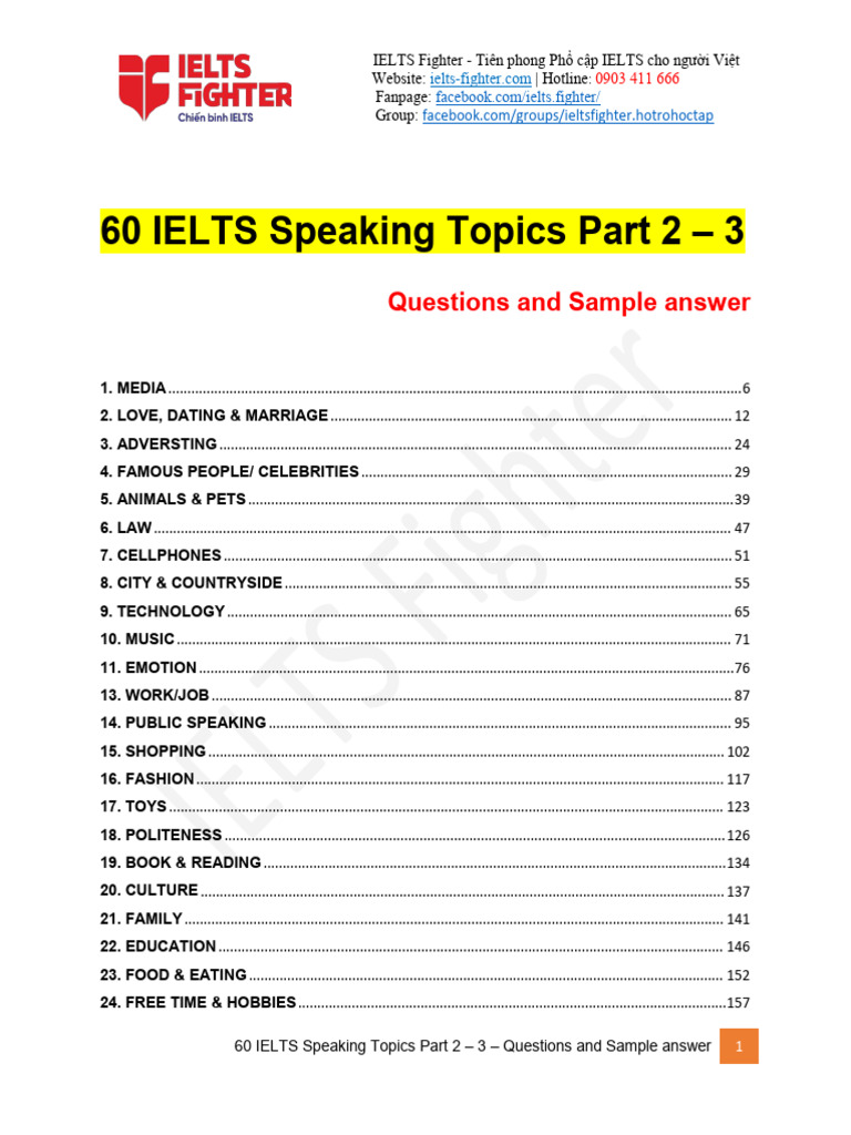 60 IELTS Speaking Topics Part 2 - 3 With Questions & Sample Answers - IELTS Fighter | PDF