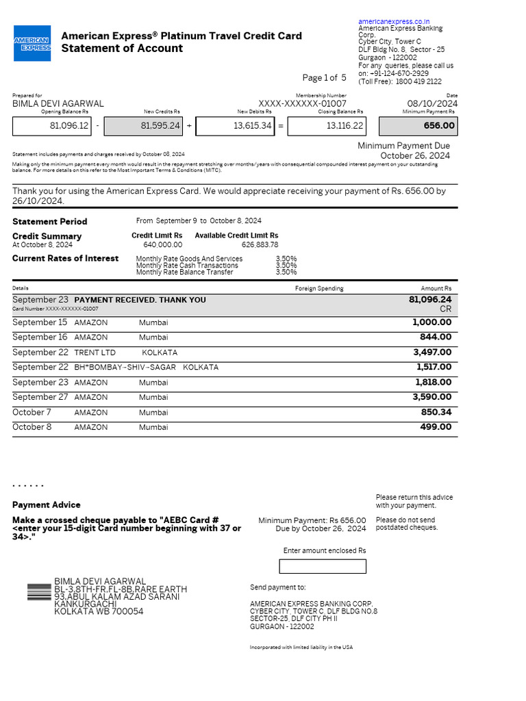Statement of Account: American Express® Platinum Travel Credit Card | PDF