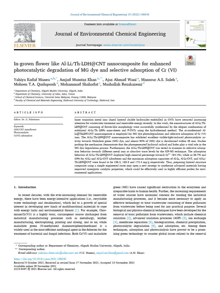 In-Grown Flower Like Al-Li - TH-LDH@CNT Nanocomposite For Enhanced Photocatalytic Degradation of ...
