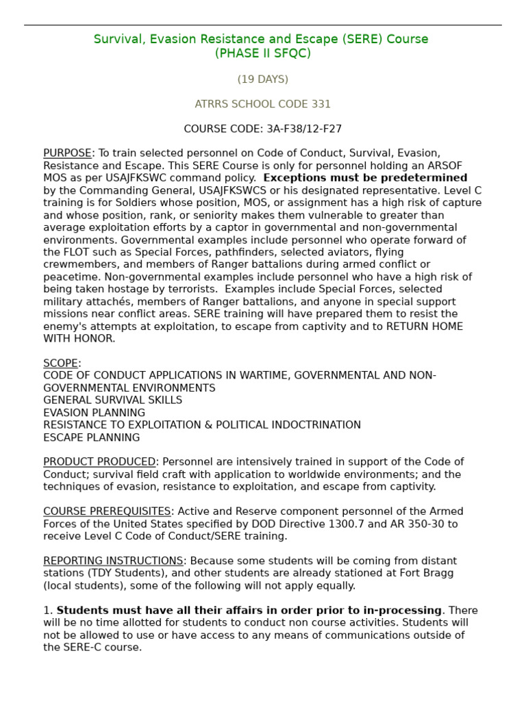 SERE Gearlist - USASOC | PDF