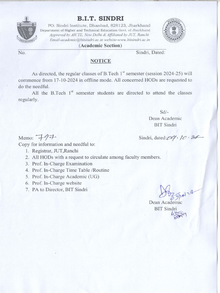 Notice For Classes of B.tech 1st Sem in Offline Mode For Session 2024 ...