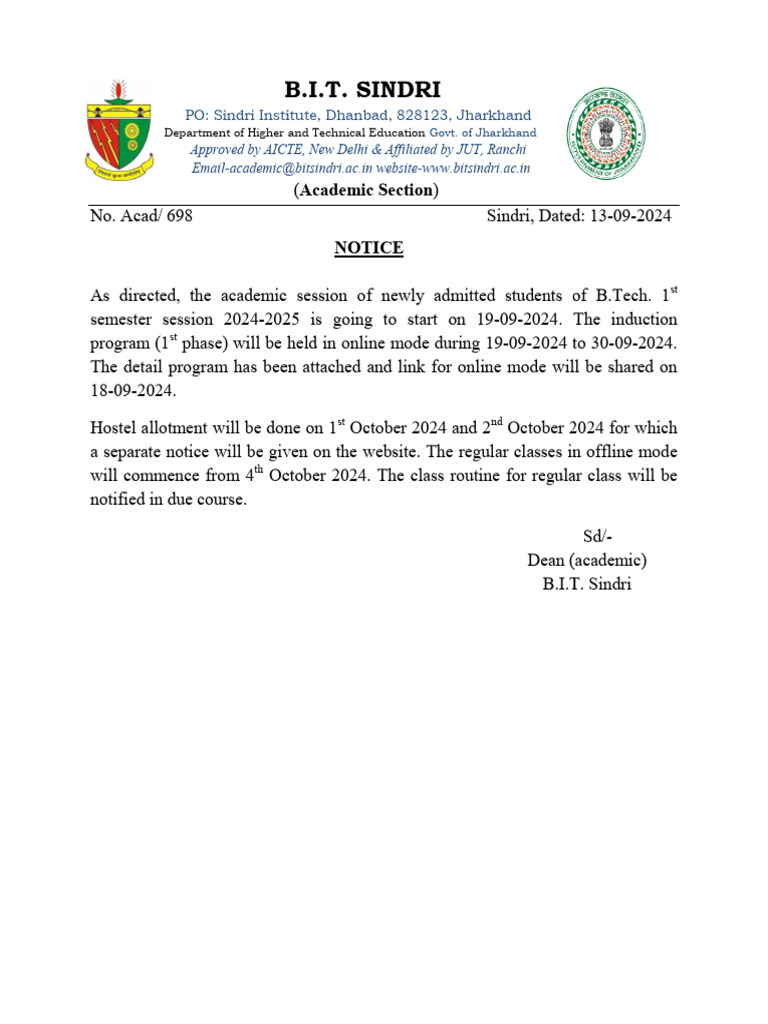 Notice For B.tech 1st Semester Induction Program Session 2024 2025 | PDF