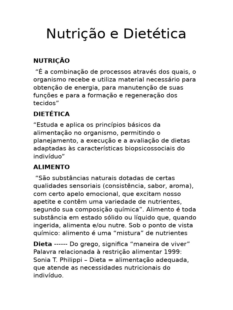Nutrição e Dietética Resumo | PDF
