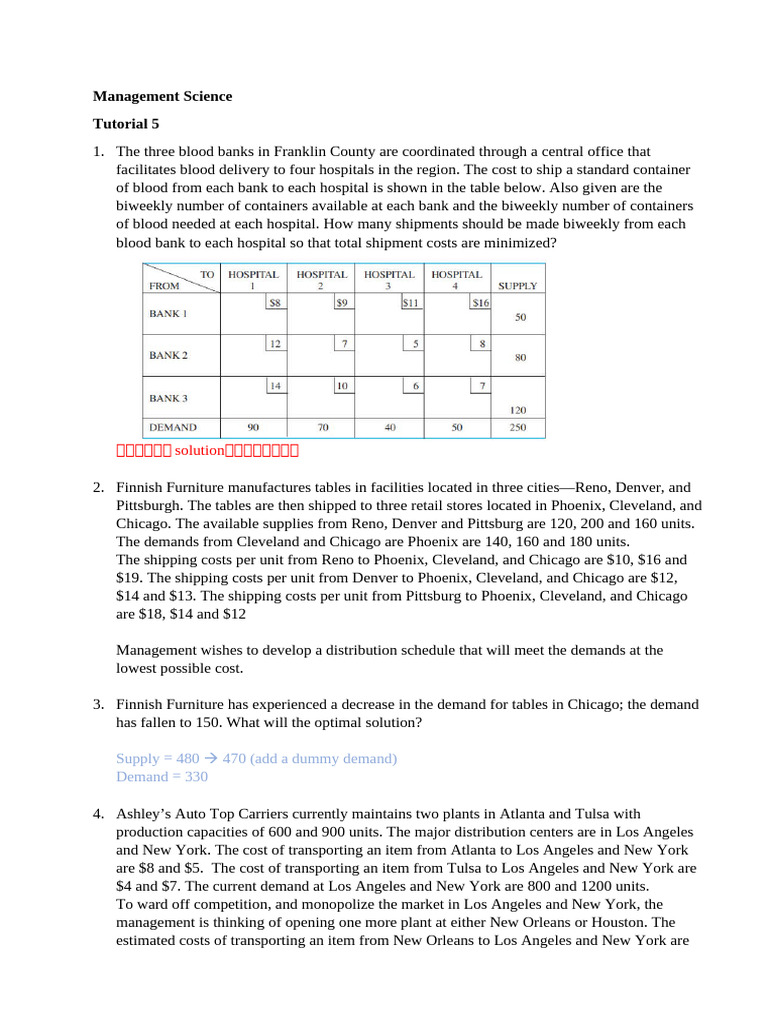 Tutorial 5-transportation problem | PDF