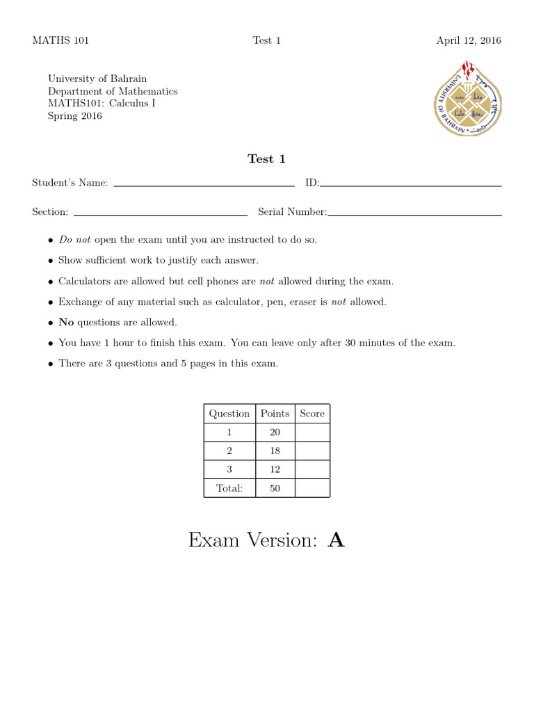 Maths 101 Spring 2016 Test 1 A | PDF
