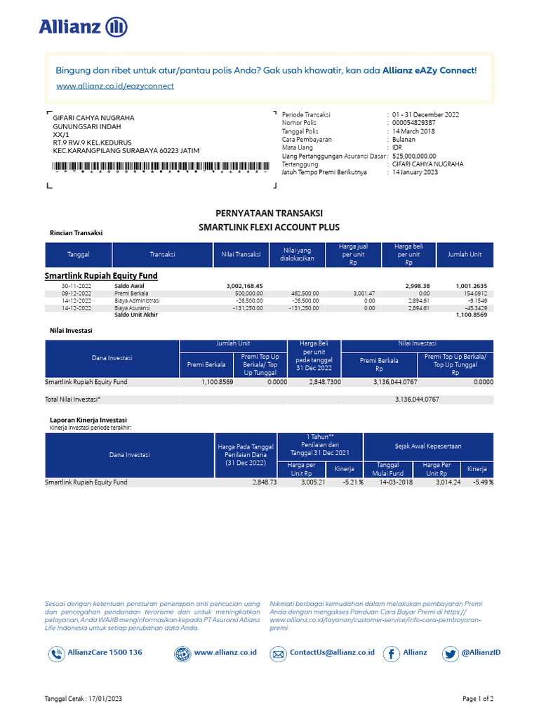Pernyataan Transaksi Smartlink Flexi Account Plus: PT. Asuransi Allianz ...