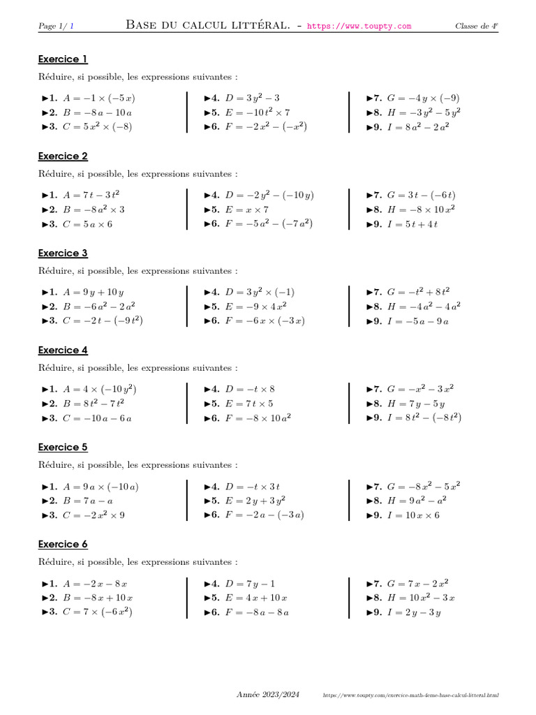 Exercice Base Calcul Litteral 4eme 10 | PDF