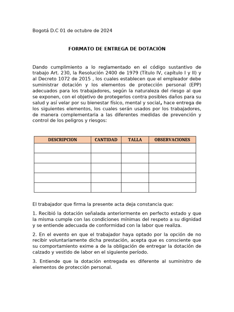 Formato Entrega de Dotación | PDF
