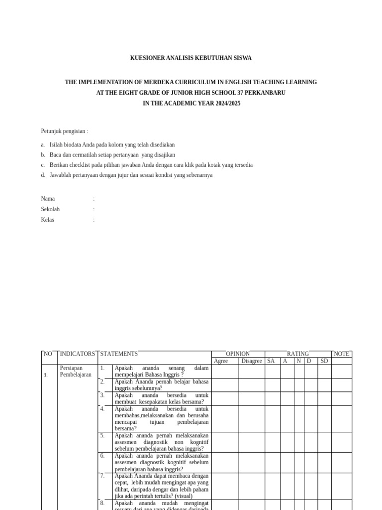 Angket Kebutuhan Siswa Fix | PDF | Kajian Bahasa Asing
