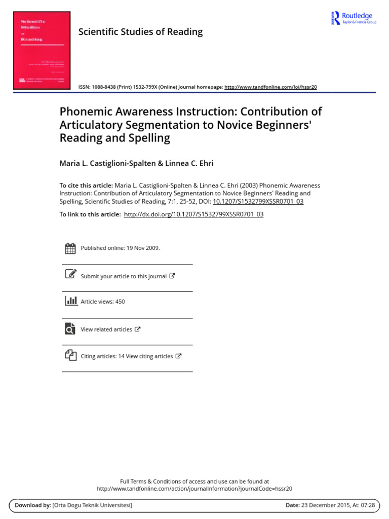 Phonemic Awareness Instruction - Contribution of Articulatory Segmentation To Novice Beginners ...