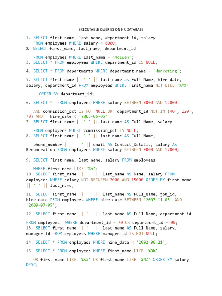 Executable Queries On HR Database | PDF