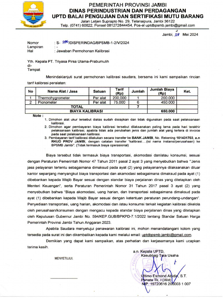 Jawaban Permohonan Kalibrasi PT. Triyasa Pirsa Utama 2024 | PDF