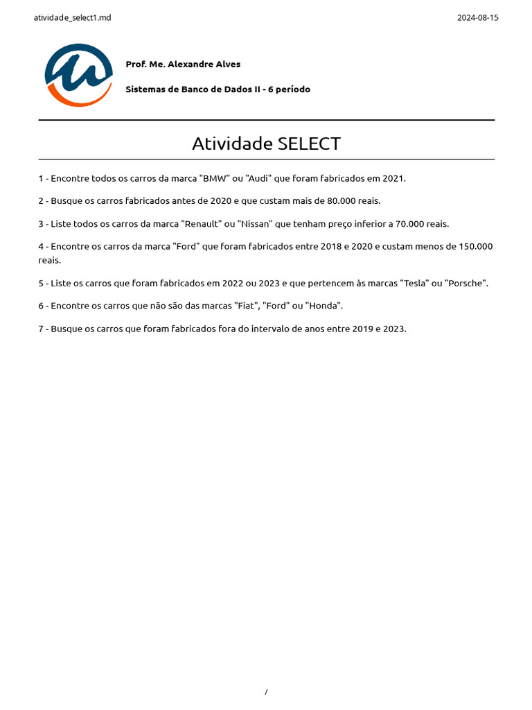 Atividade Select1 | PDF