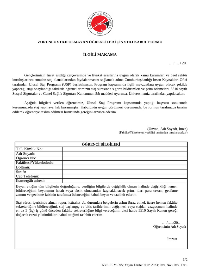 KYS-FRM-395 Zorunlu Staji Olmayan Ogrenciler Icin Staj Kabul Formu | PDF