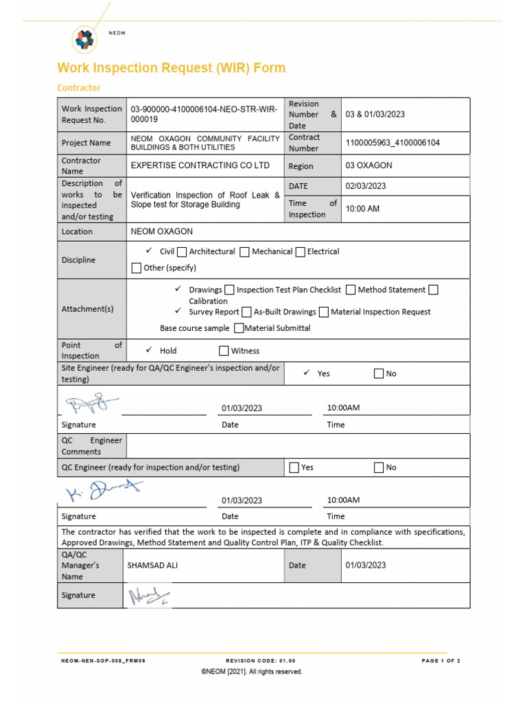 Work Inspection Request (WIR) Form: Contractor | PDF