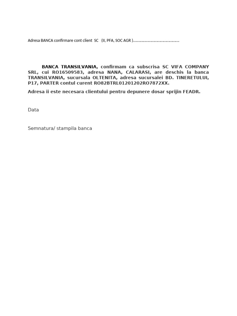 Model Adresa BANCA Confirmare Cont VIFA | PDF