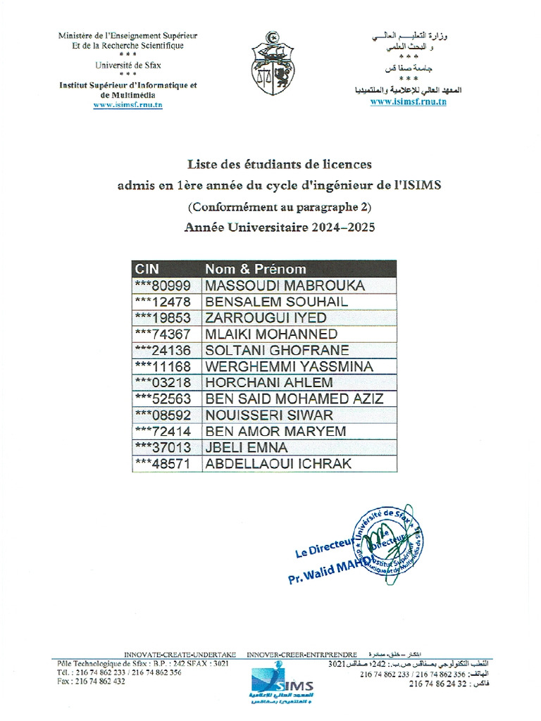 ISIMS - DGET - Liste Des Étudiants de Licences 2024-2025 (Conformément ...