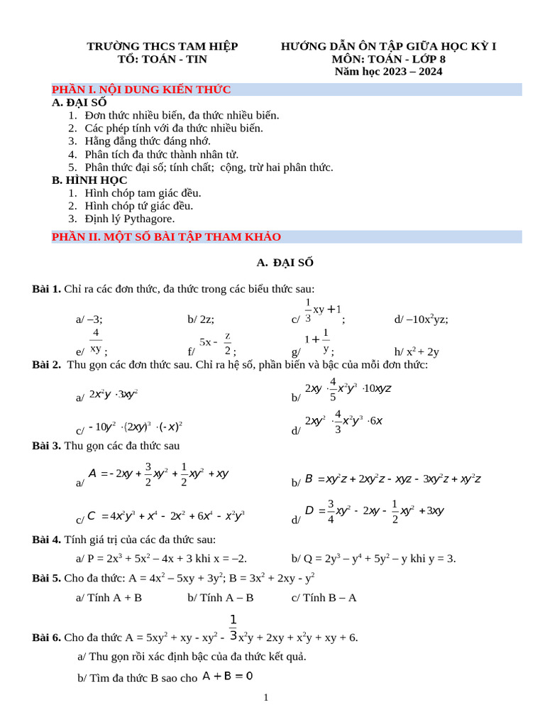 Đề Cương Toán 8-Giữa Hki (2023-2024) | PDF