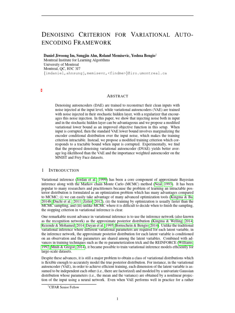 Denoising Criterion For Variational Auto-Encoding Framew | PDF