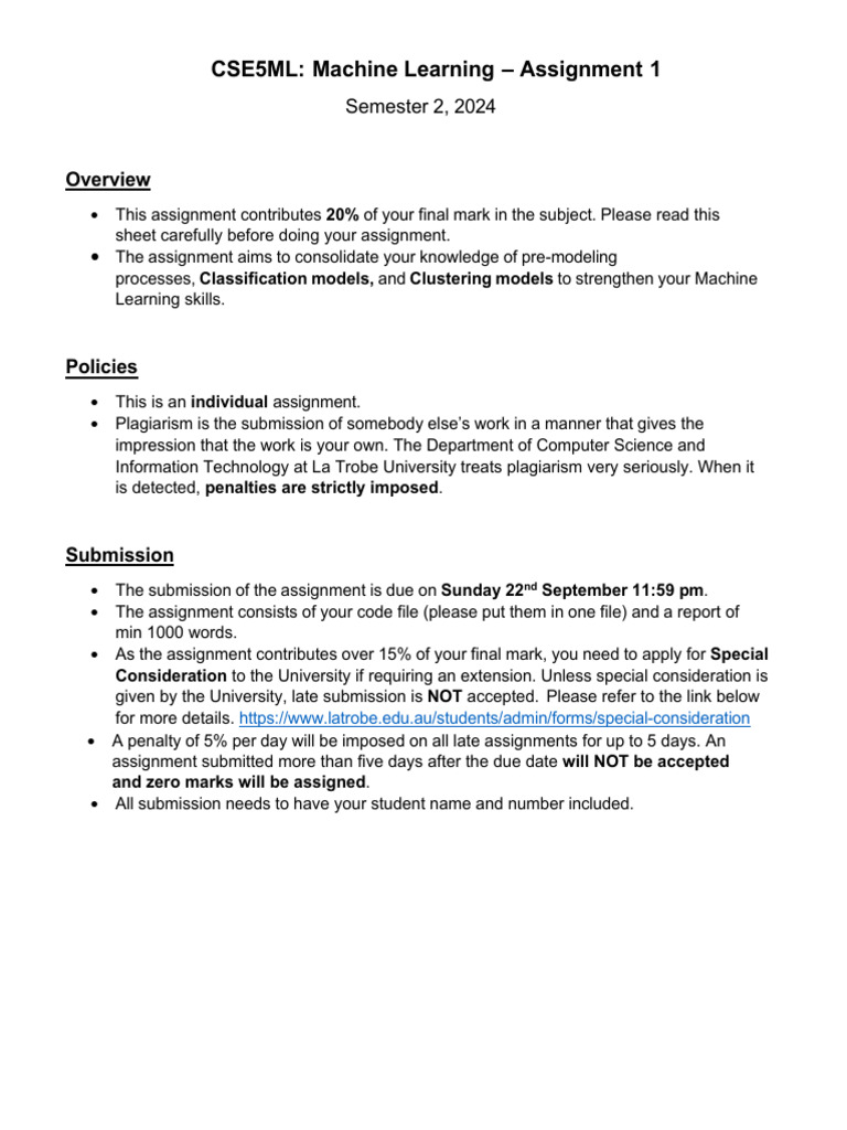 CSE5ML 2024 SEM2 Assignment 1 | PDF | Cluster Analysis | Cross Validation (Statistics)