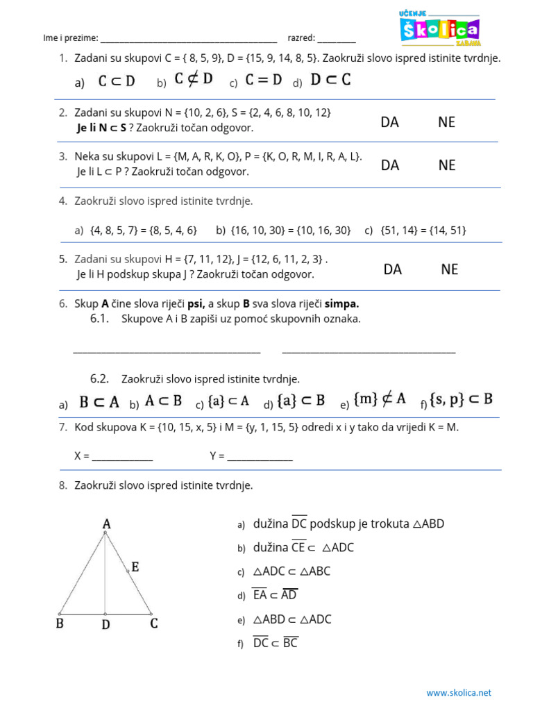 Skupovi Podskupovi Ispit Test 5 Razred Matematika | PDF
