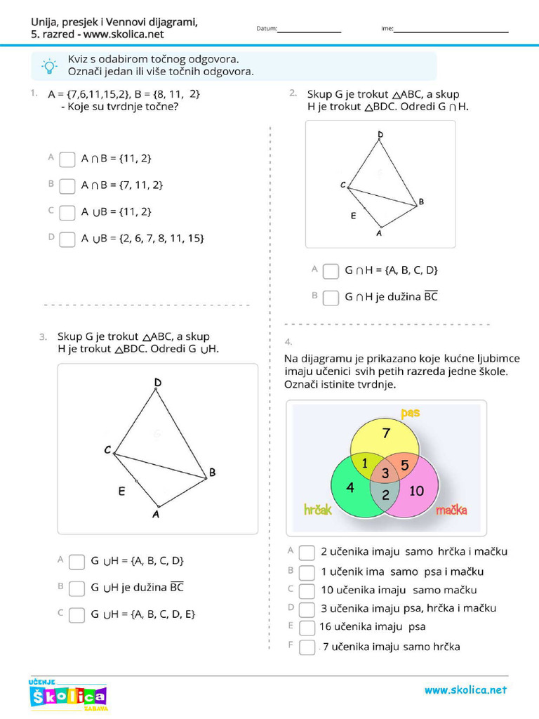 Unija Presjek Vennov Dijagrtam Ispit Test 5 Razred Matematika Skupovi 5 ...