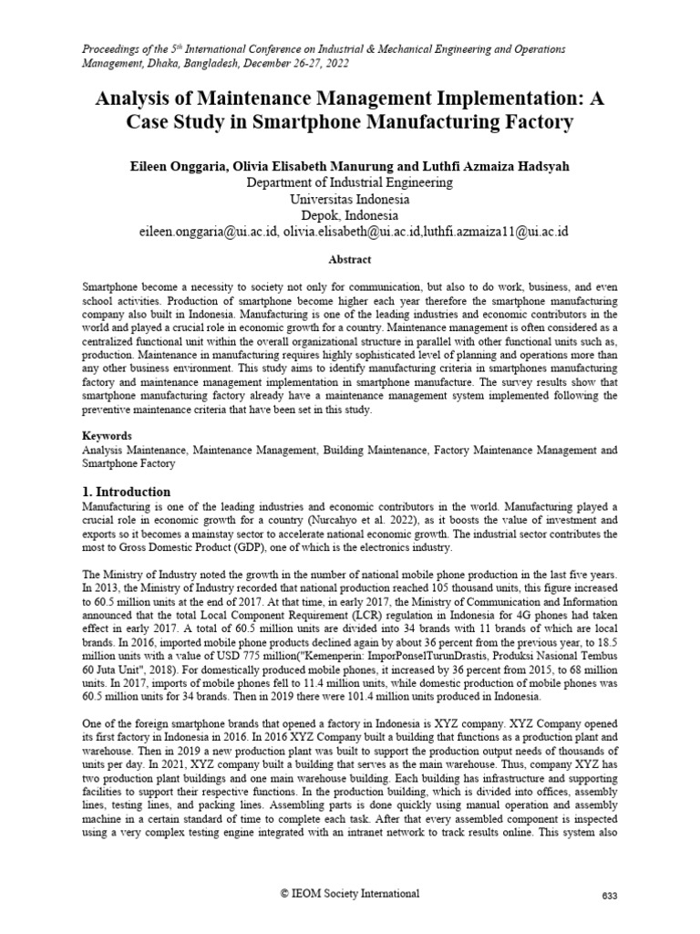 Analysis of Maintenance Management Implementation: A Case Study in ...
