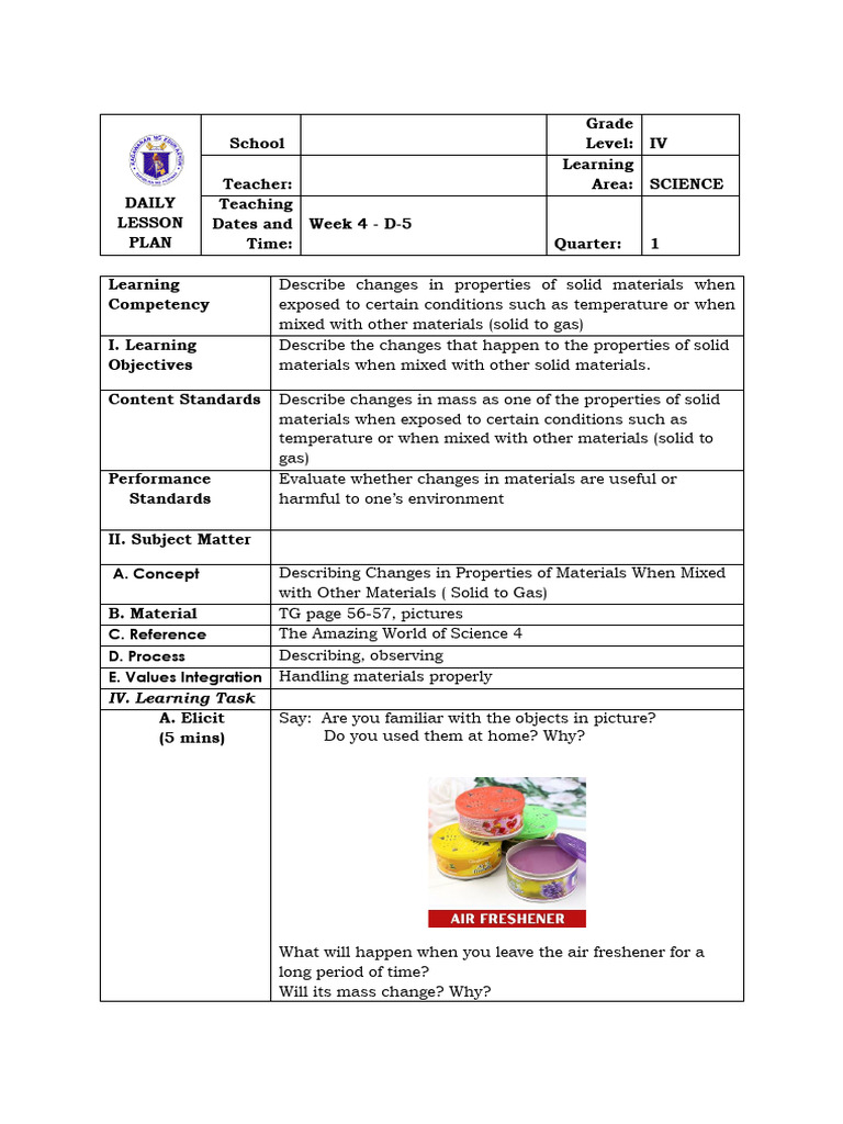 SCIENCE SSP 4 DLP Q1 WK 4 Day 5 | PDF