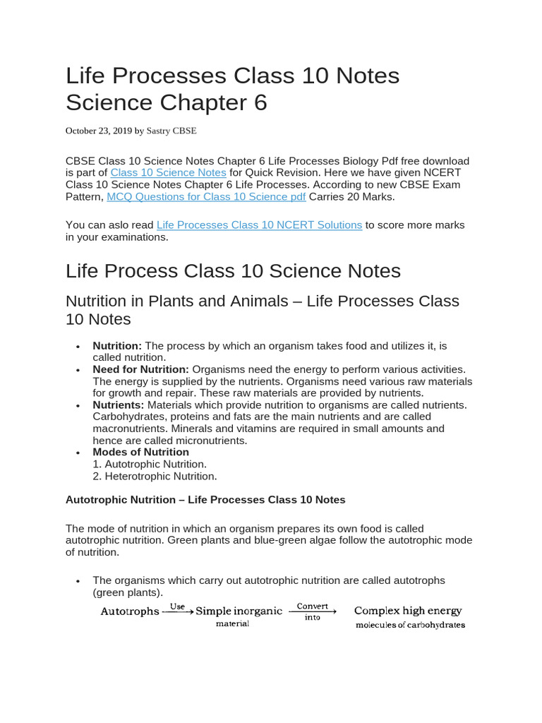 Life Processes Class 10 Notes Science Chapter 6 | PDF
