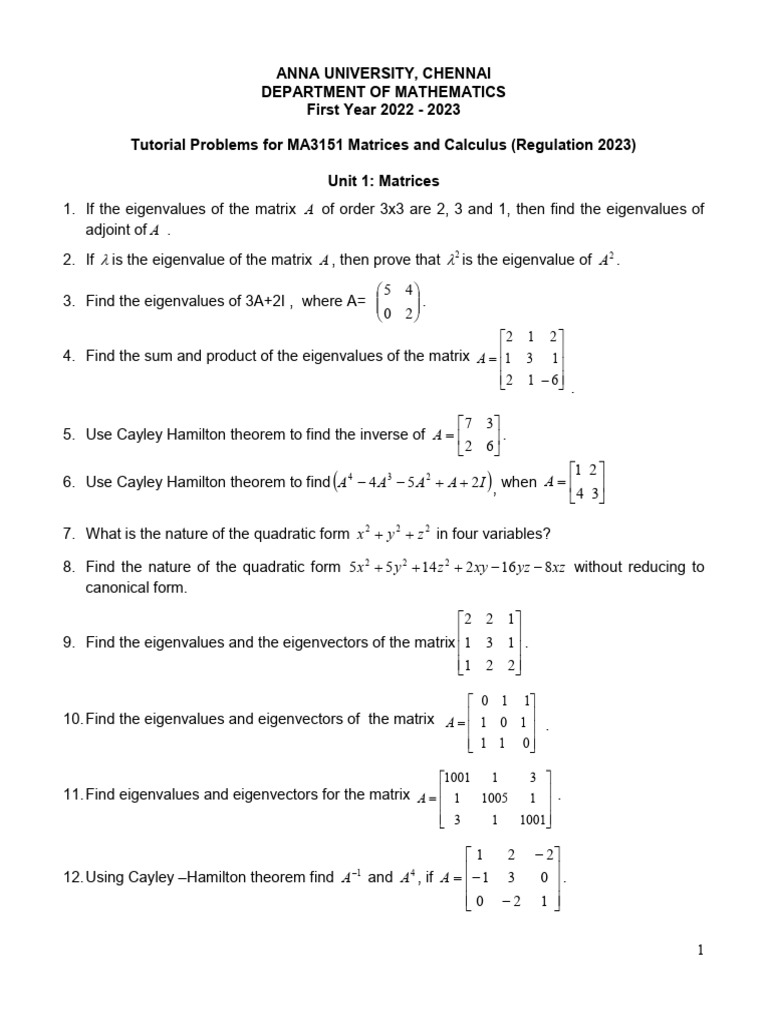 Matrices - Tutorial Problmes (2023) | PDF