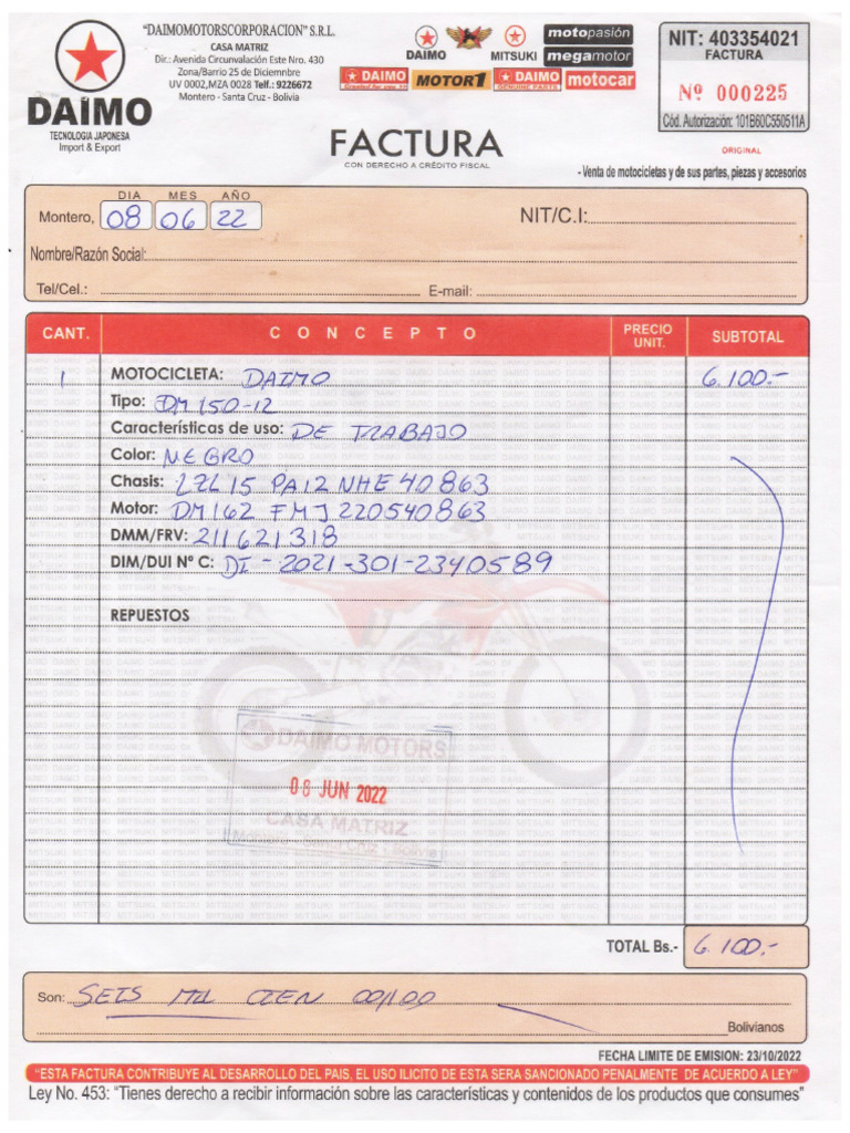 Factura Moto Daimo | PDF