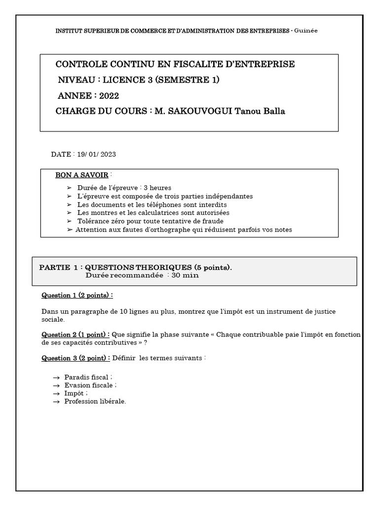Sujet Controle Continu-L3-ISCAE-G-2023 01 - Avec Traité | PDF