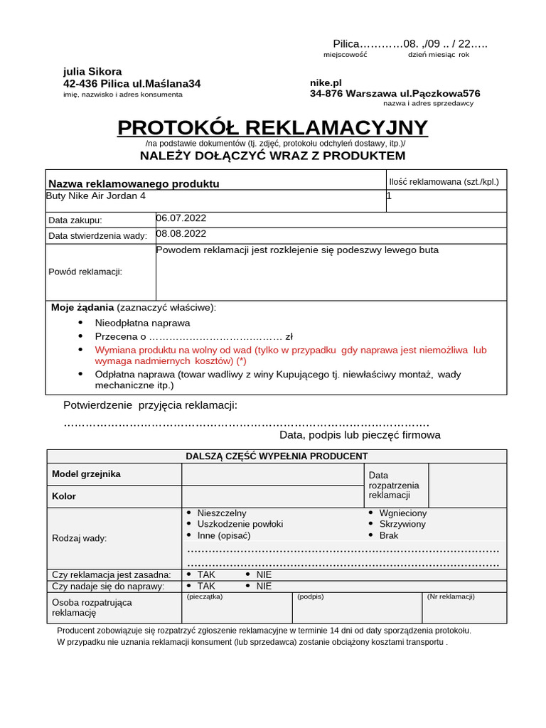 Protok Reklamacyjny | PDF