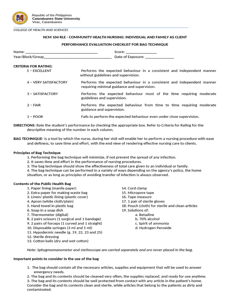 Bag Technique Checklist Revised | PDF | Hand Washing