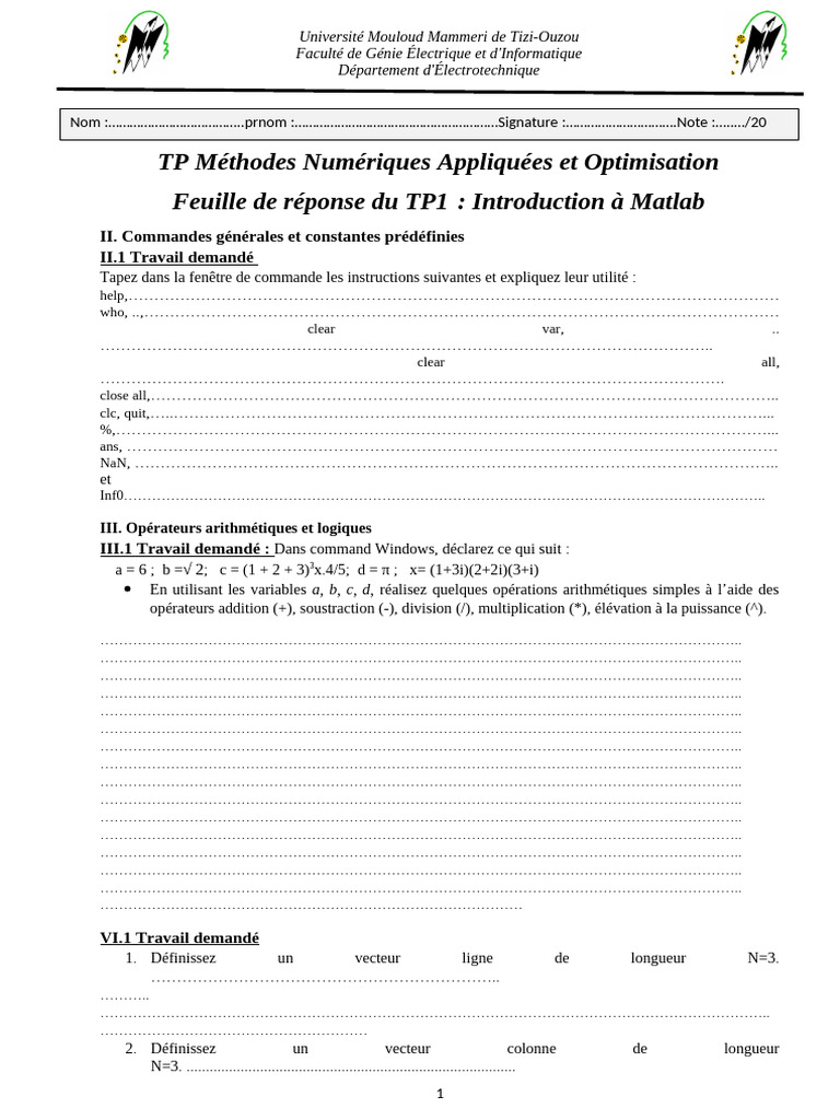 Feuille de Reponses - TP01 - Introduction | PDF