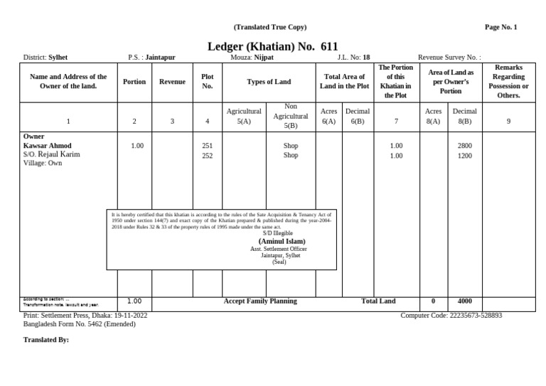 Khatian No 611 (1) | PDF