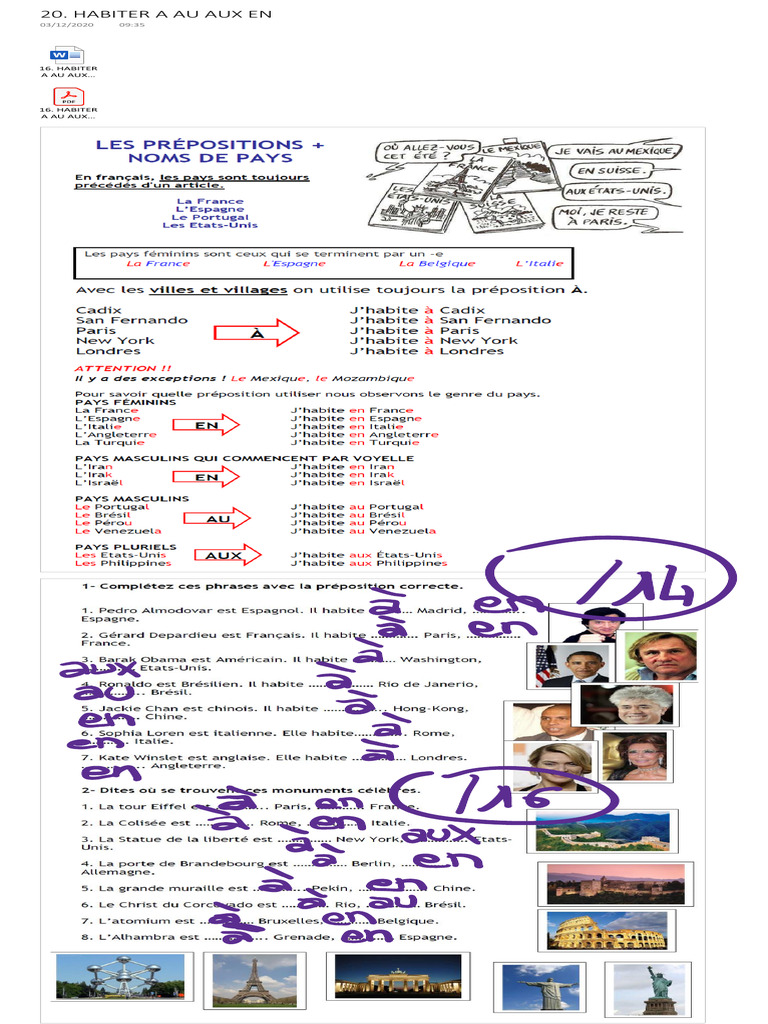 Habiter A Au Aux en | PDF