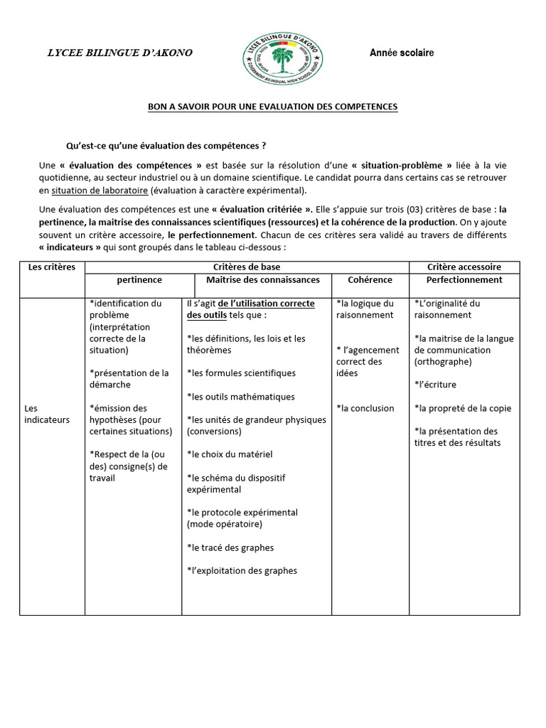 Evaluation Des Competences | PDF