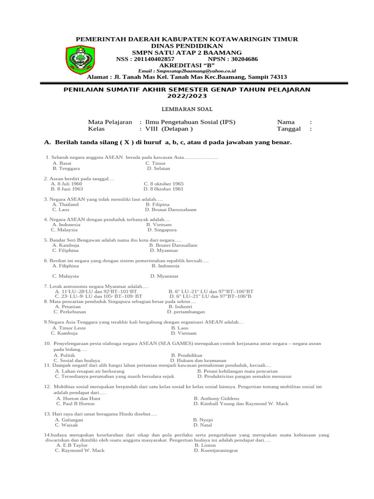 Soal Pas Ips Semster 1 Kumer Nov 2023 Kelas 8 | PDF