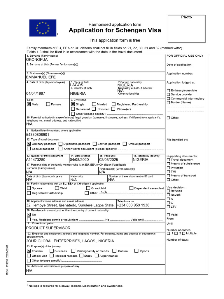 Okonofua Emmanuel Visa Application Form | PDF