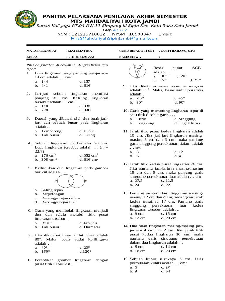 Soal Pas Genap MTK Viii 2223 | PDF