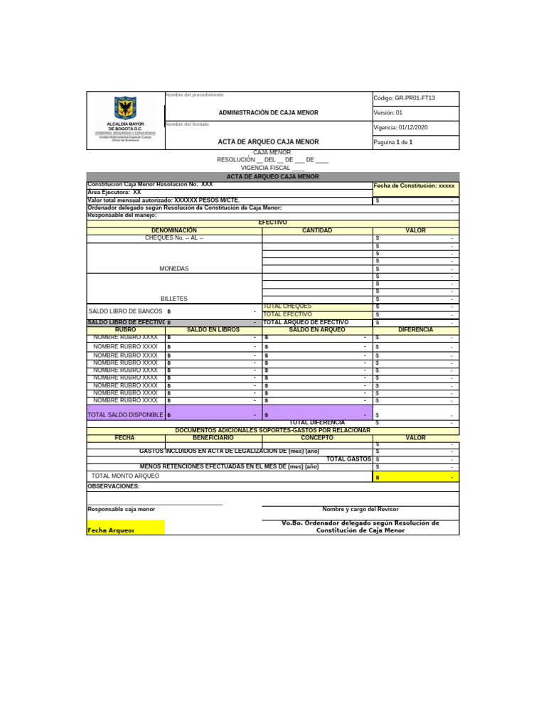 GR-PR01-FT13 Acta de Arqueo Caja Menor | PDF