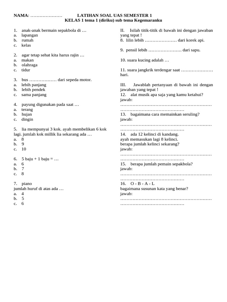 Soal Uas 1 Tema 1 Diriku Sub Tema Kegemaranku | PDF