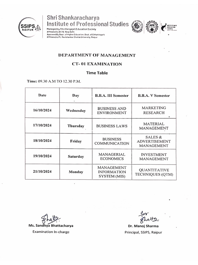 Timetable of CT-01 Exam | PDF