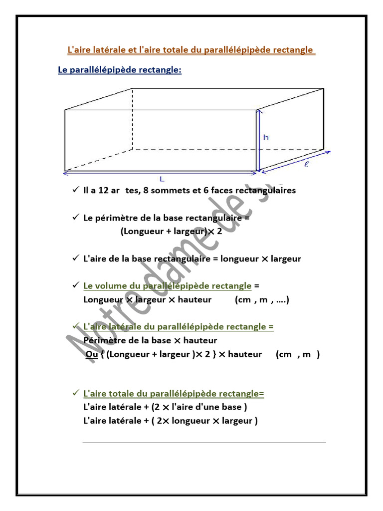 6 Ème Primaire Maths Laire Du Parallélépipède Rectangle | PDF