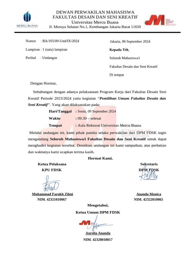 Undangan KPU Mahasiswa FDSK | PDF