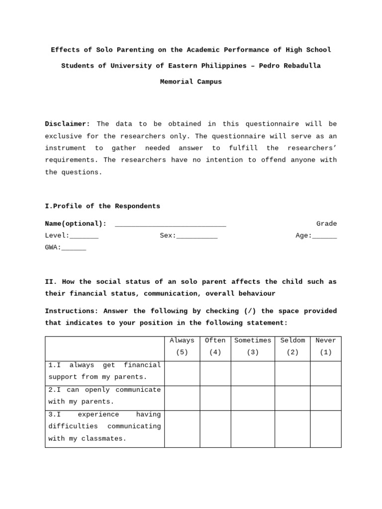 Parenting Questionnaire For Sir Felix | PDF | Questionnaire ...
