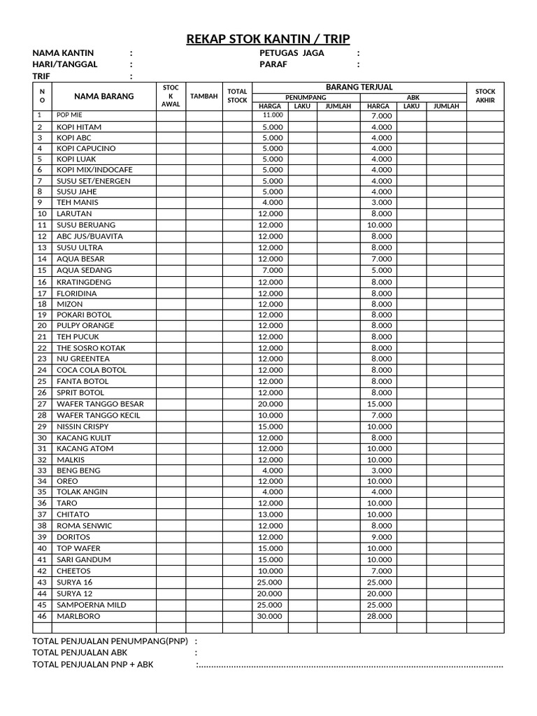 Form Stok & Rekap - Trip | PDF