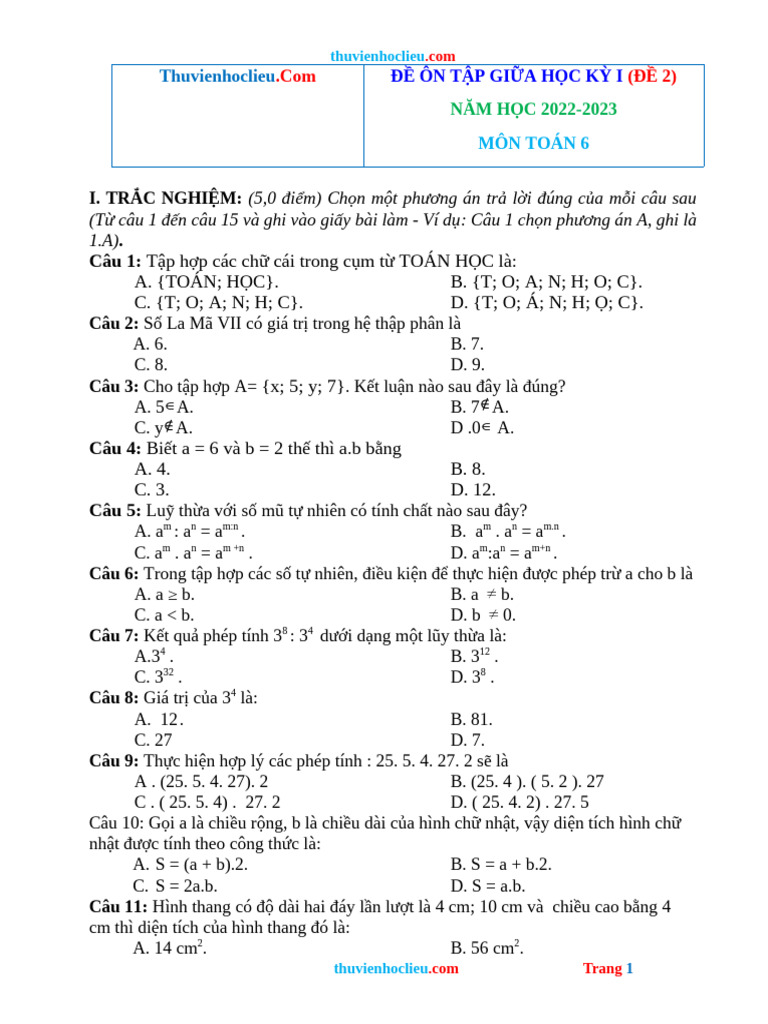 De Thi Giua HK1 Toan 6 Nam 2022 2023 de 2 | PDF