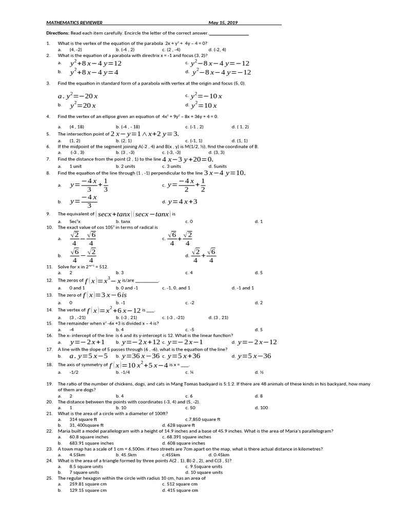 Reviewer For Math Major | PDF | Analytic Geometry | Euclidean Plane Geometry